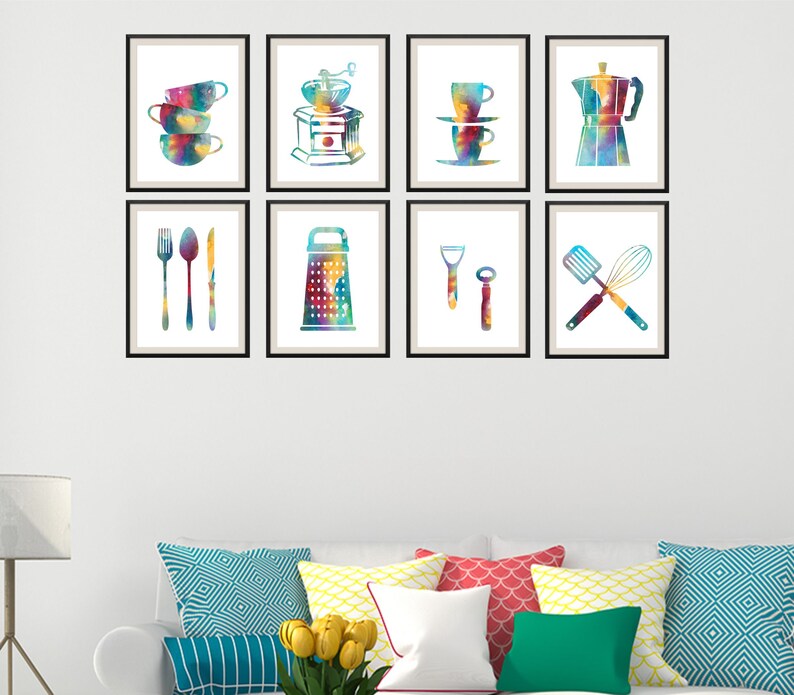 Kitchen Art Prints Set: Colorful Utensils, Coffee Theme (set of 8) - Etsy