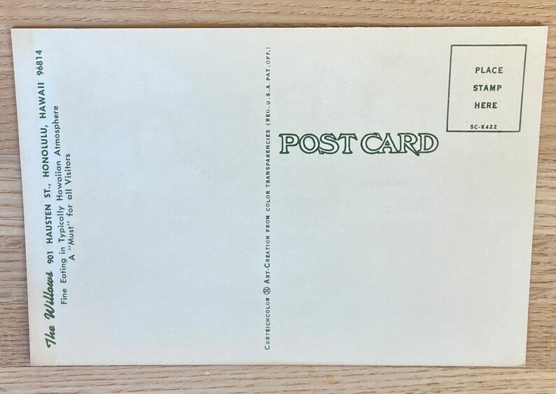 The Willows Honolulu Hawaii Vintage Postcard, Unposted Advertising Souvenir Ephemera Hawaiian ...