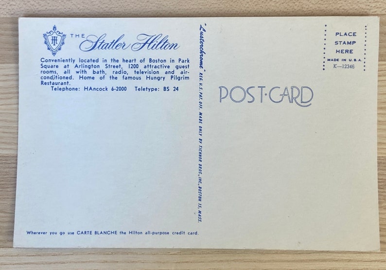 Park Square Boston MA, the Statler Hilton Vintage Postcard, Home of Hungry Pilgrim Restaurant ...