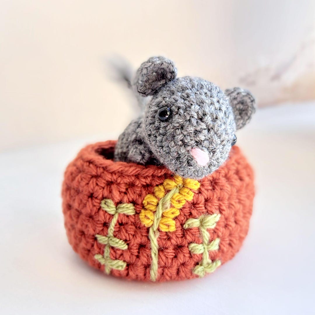 Grey Mouse Textile Art Figure With Embroidered Nest, Crochet Mouse ...