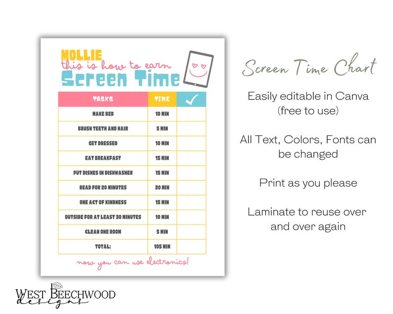 EDITABLE Screen Time Checklist - Screen Time Chart - Daily Screen Time ...