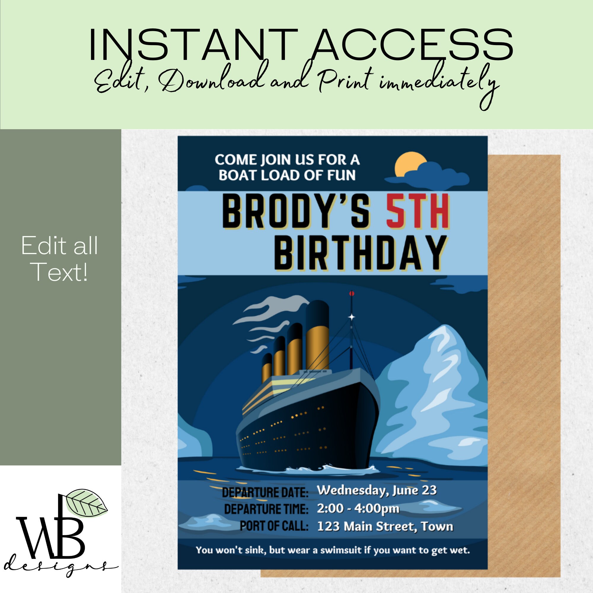 Titanic Birthday Invitation: Custom Boat Party Invite (EDITABLE INSTANT ...