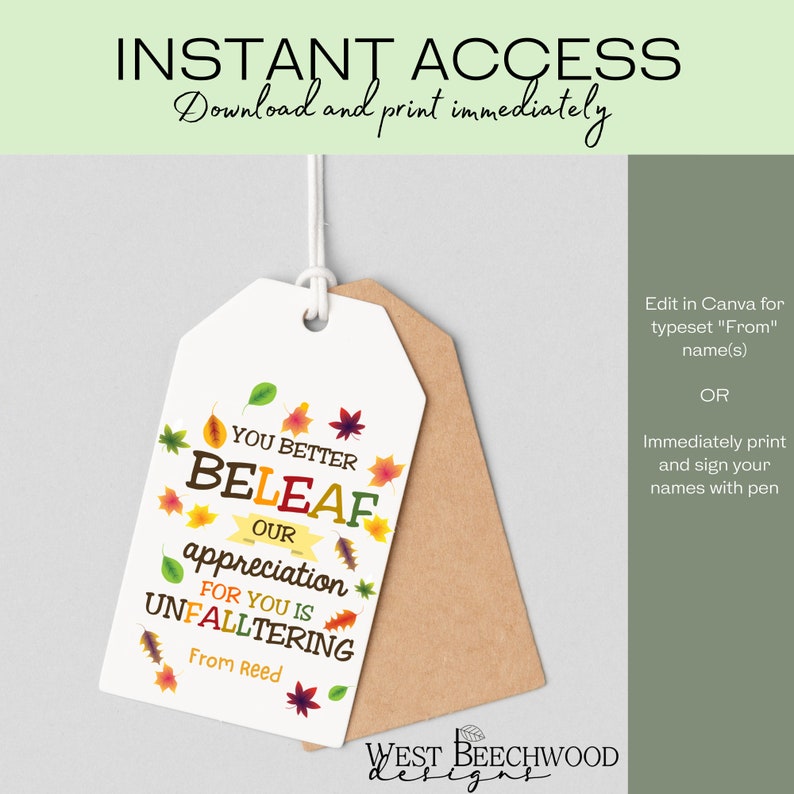 Fall Gift Tag EDITABLE INSTANT DOWNLOAD Thank You for Teacher Great ...