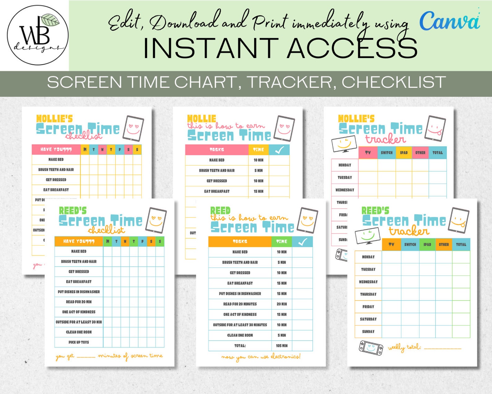 EDITABLE Screen Time Checklist - Screen Time Chart - Daily Screen Time ...