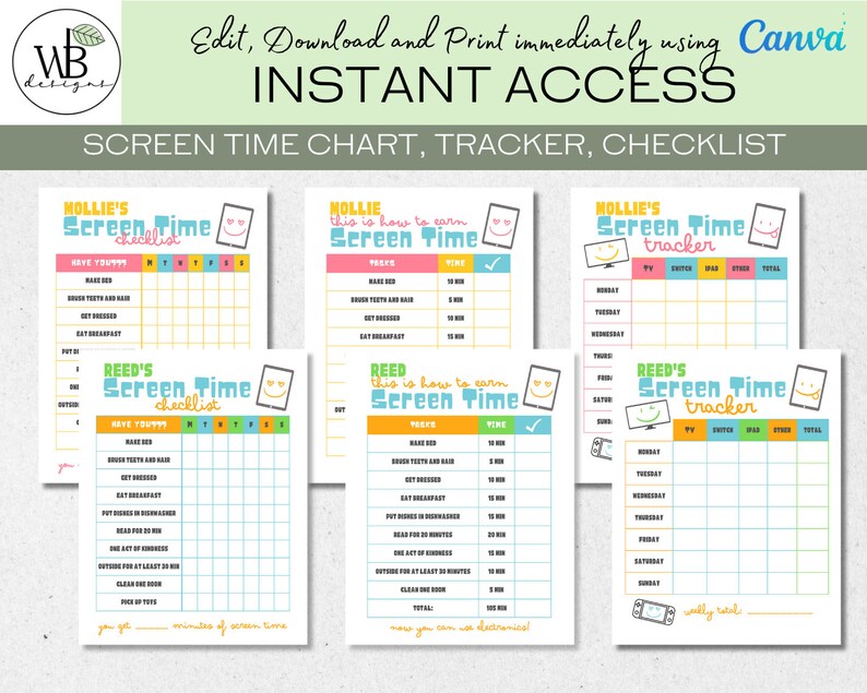 EDITABLE Screen Time Checklist - Screen Time Chart - Daily Screen Time ...