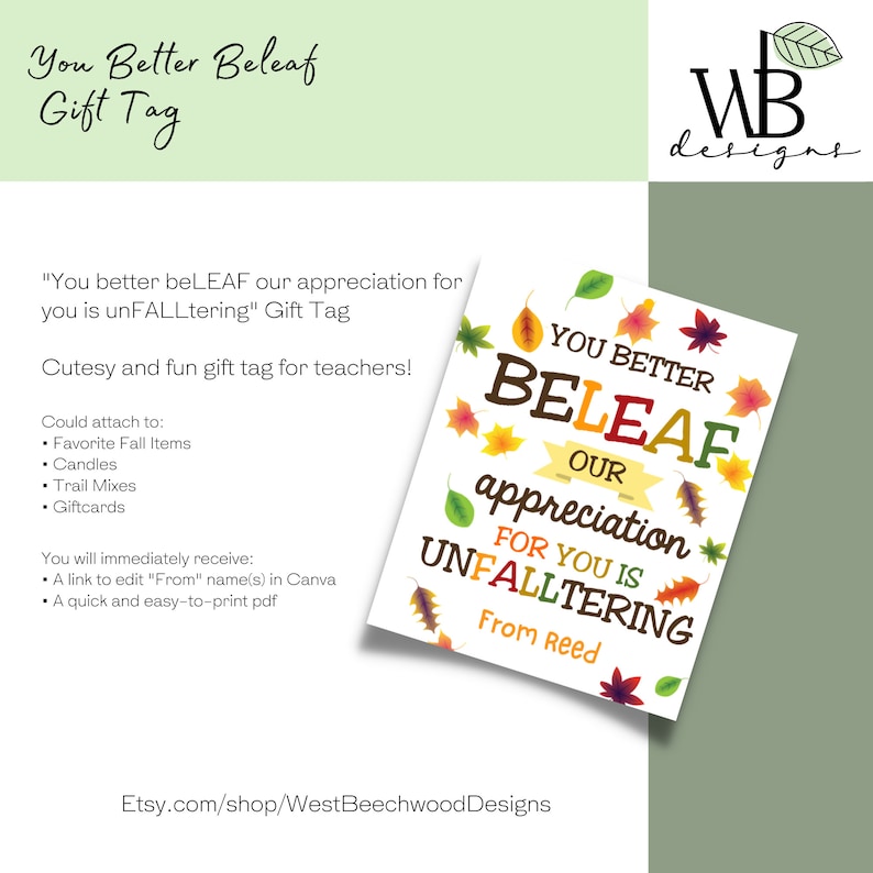 Fall Gift Tag EDITABLE INSTANT DOWNLOAD Thank You for Teacher Great ...