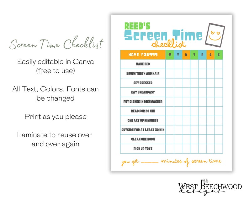 EDITABLE Screen Time Checklist - Screen Time Chart - Daily Screen Time ...