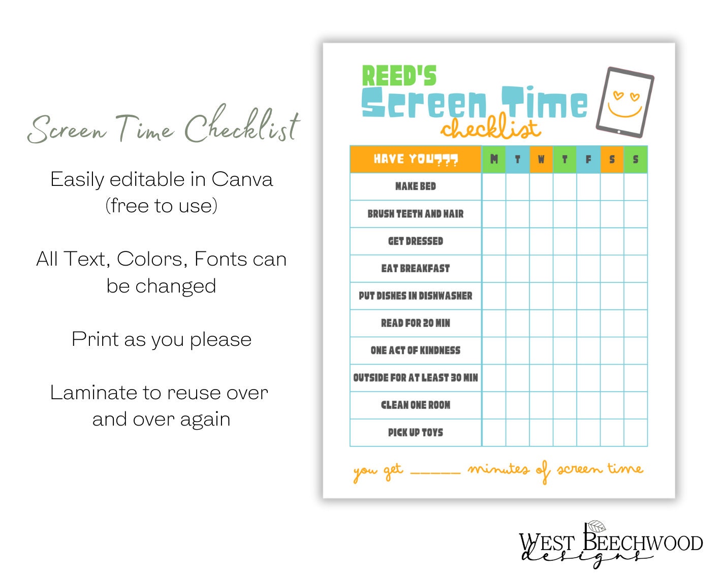 EDITABLE Screen Time Checklist - Screen Time Chart - Daily Screen Time ...