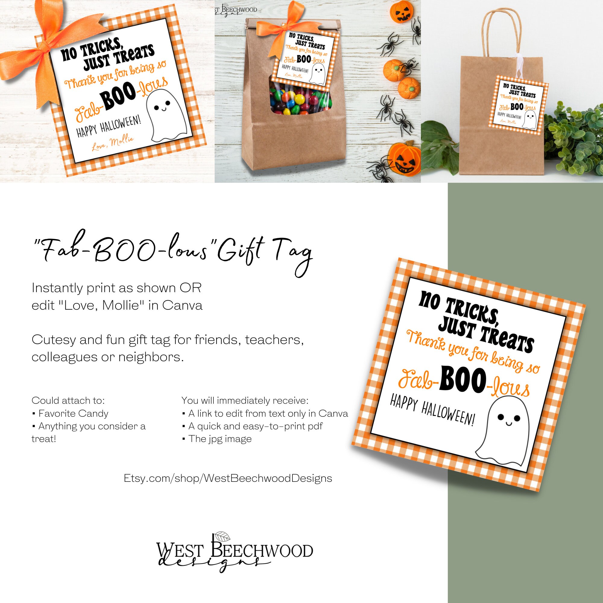 Halloween Gift Tag - EDITABLE INSTANT DOWNLOAD - No Tricks Just Treats ...