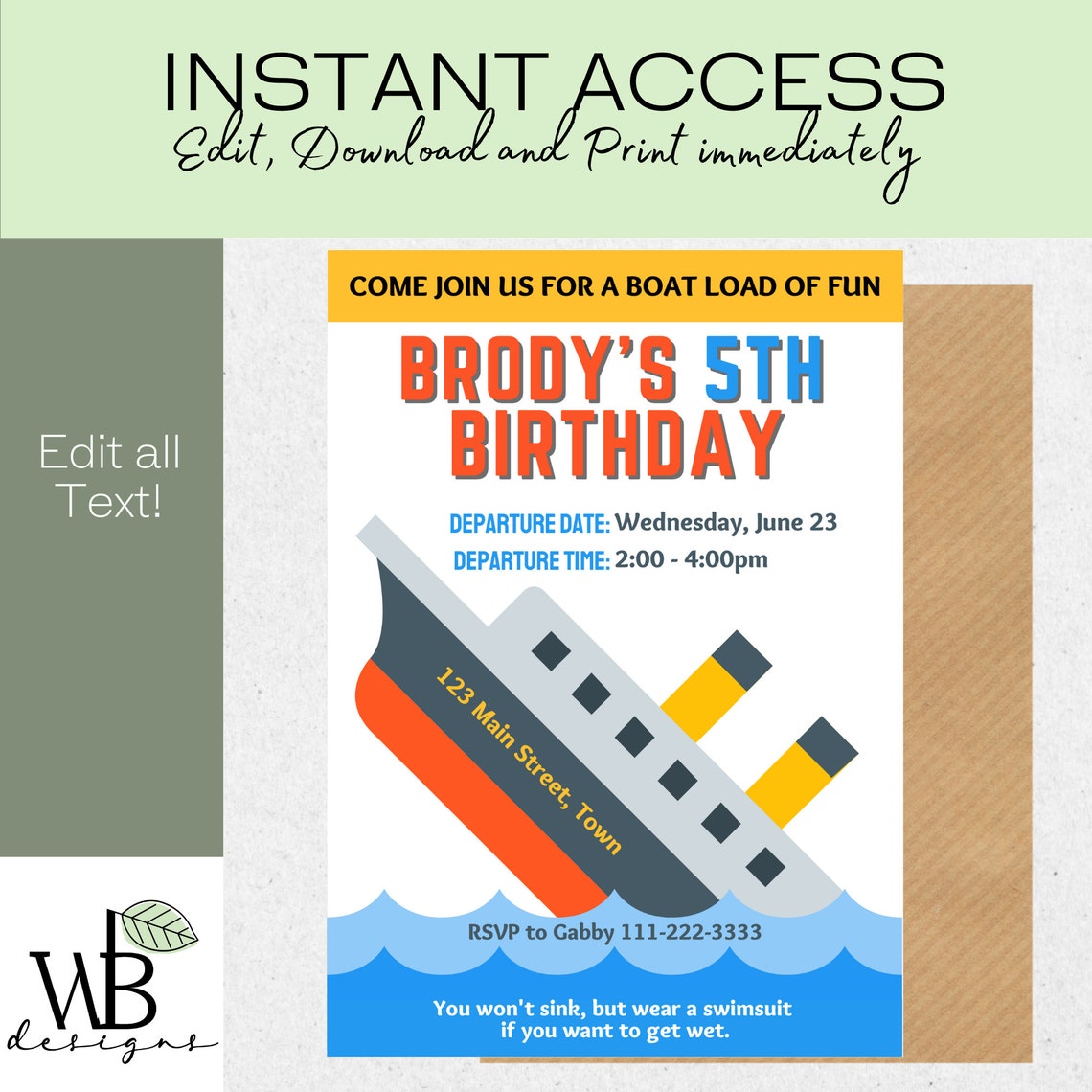 Titanic Birthday Invite Custom Printable, EDITABLE INSTANT DOWNLOAD Boy ...