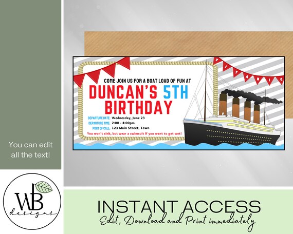 Titanic Birthday Invite Custom Printable EDITABLE INSTANT - Etsy UK