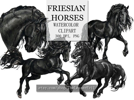 Friesian Horses Clipart Digital Watercolor Illustration - Etsy