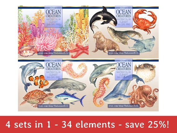 FULL PACK Ocean Creatures Clipart Digital Watercolor - Etsy