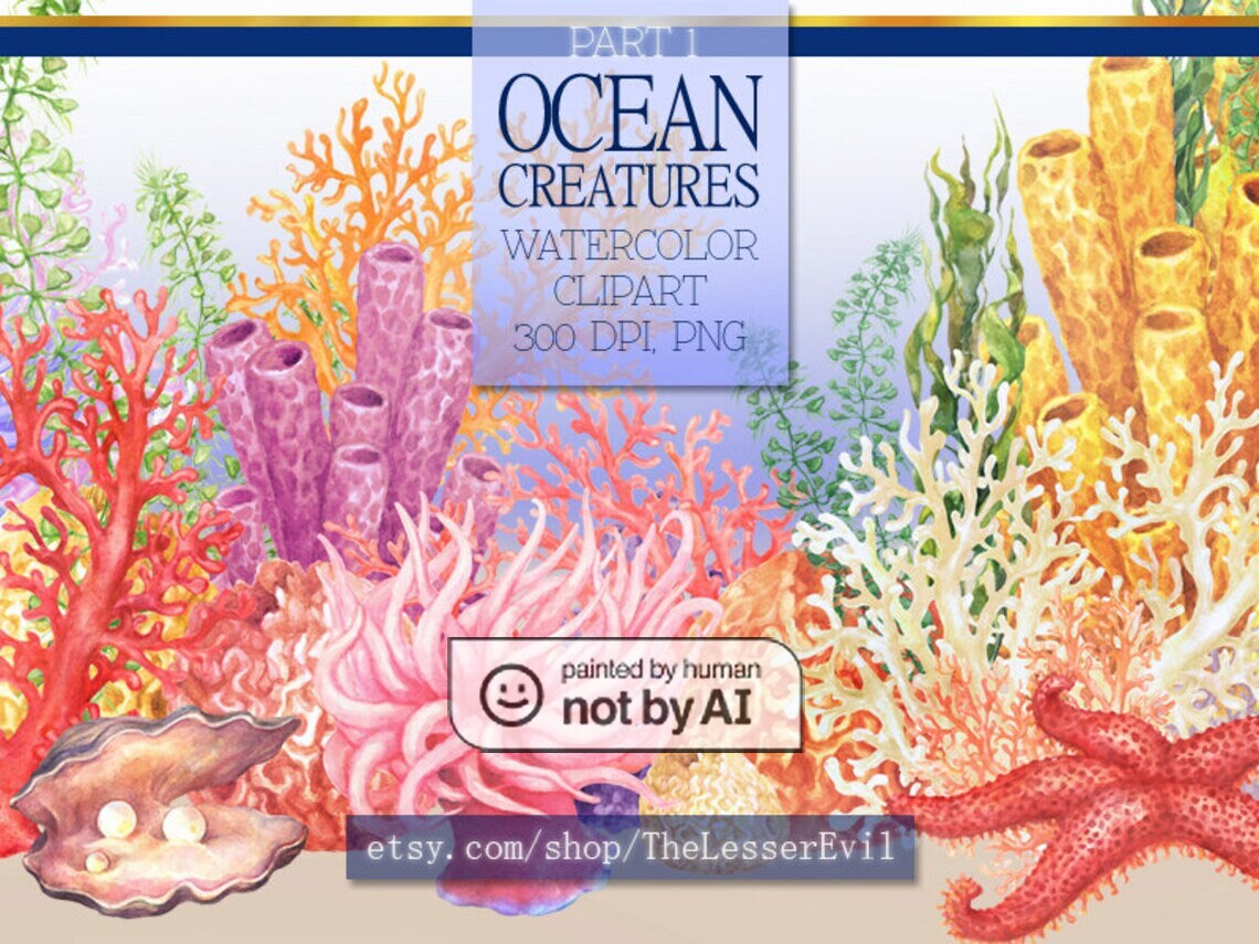Ocean Creatures Clipart, Coral Reef, Digital Watercolor Illustration ...