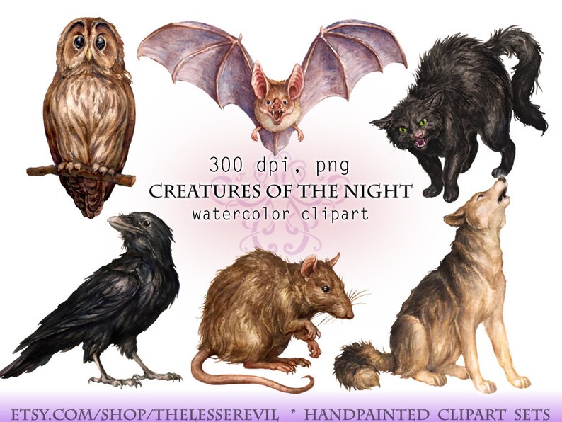 Creatures of the Night Clipart Digital Watercolor - Etsy