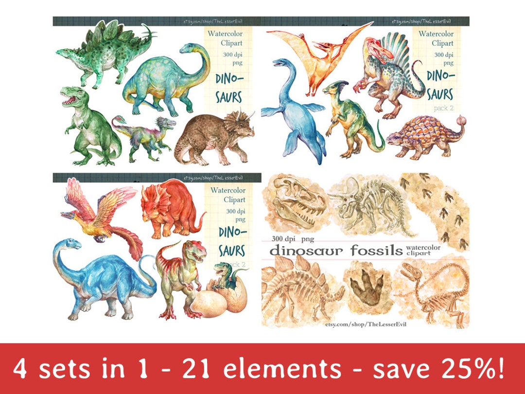 FULL PACK Dinosaurs Clipart Digital Watercolor Illustration - Etsy