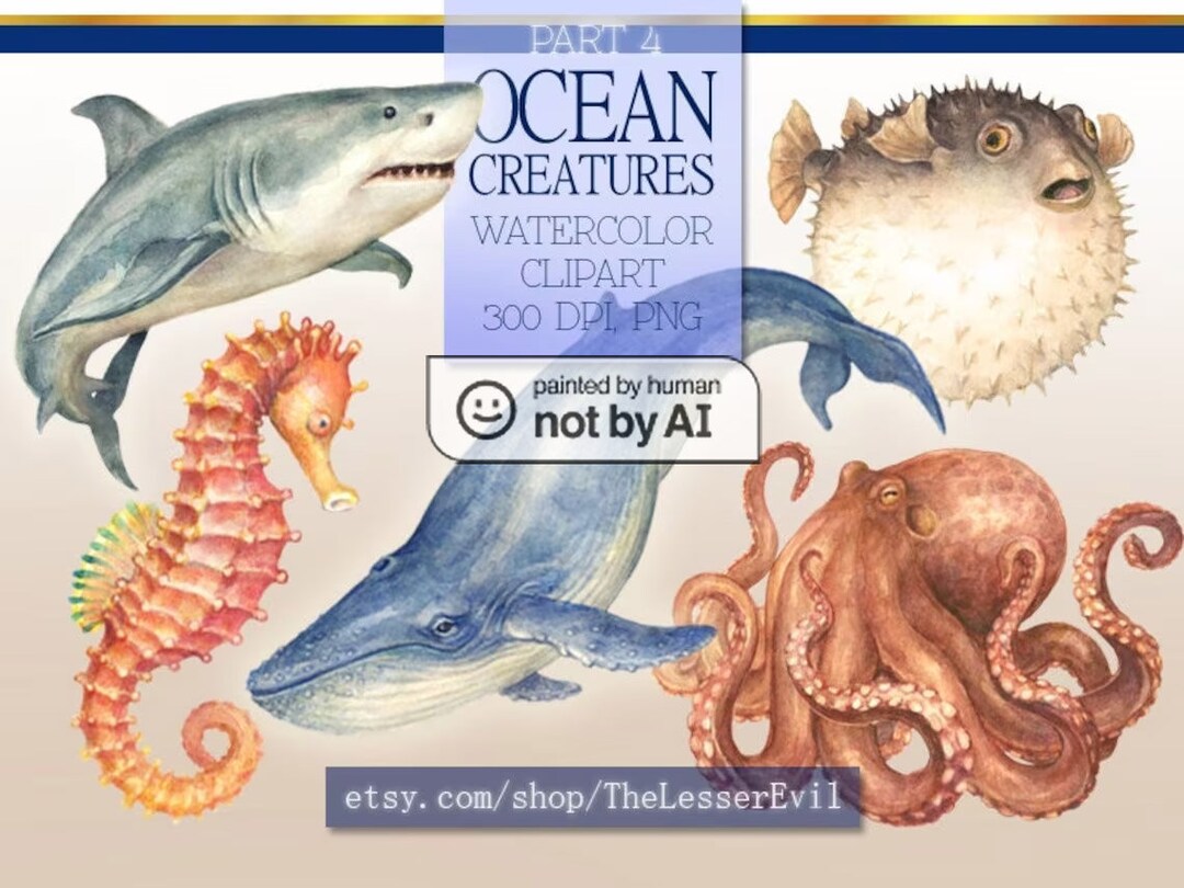 Ocean Creatures Clipart, Digital Watercolor Illustration, Sea Life Clip ...