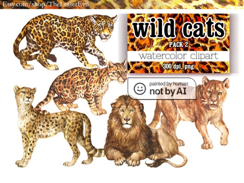 Wild Cats Clipart, Digital Watercolor Wild Animal Clip Art, Hand ...