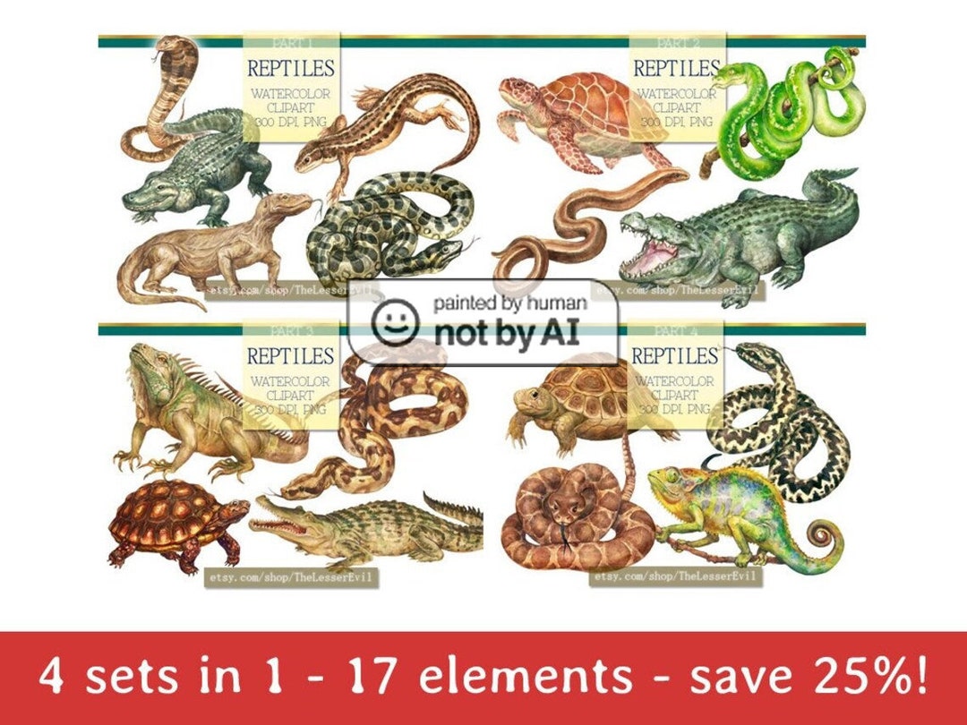 FULL PACK Reptiles Clipart, Digital Watercolor Illustration, Reptile ...