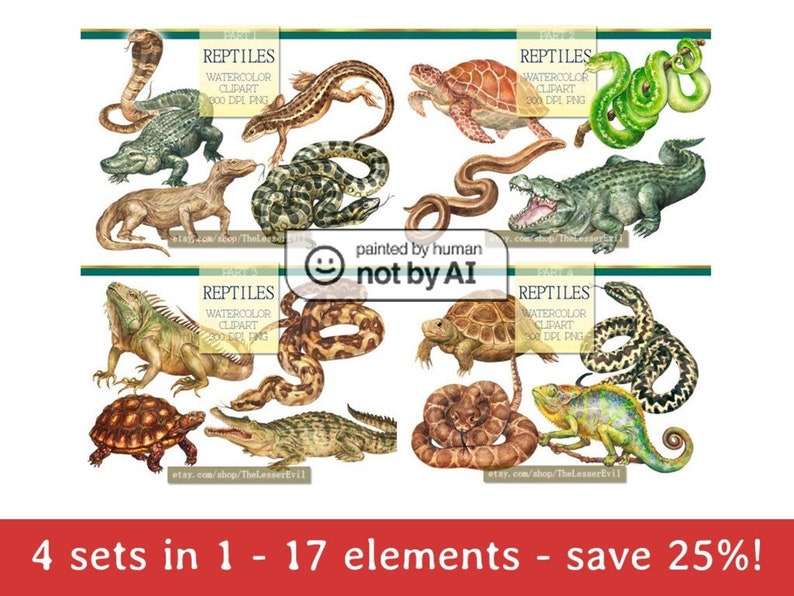 FULL PACK Reptiles Clipart, Digital Watercolor Illustration, Reptile ...