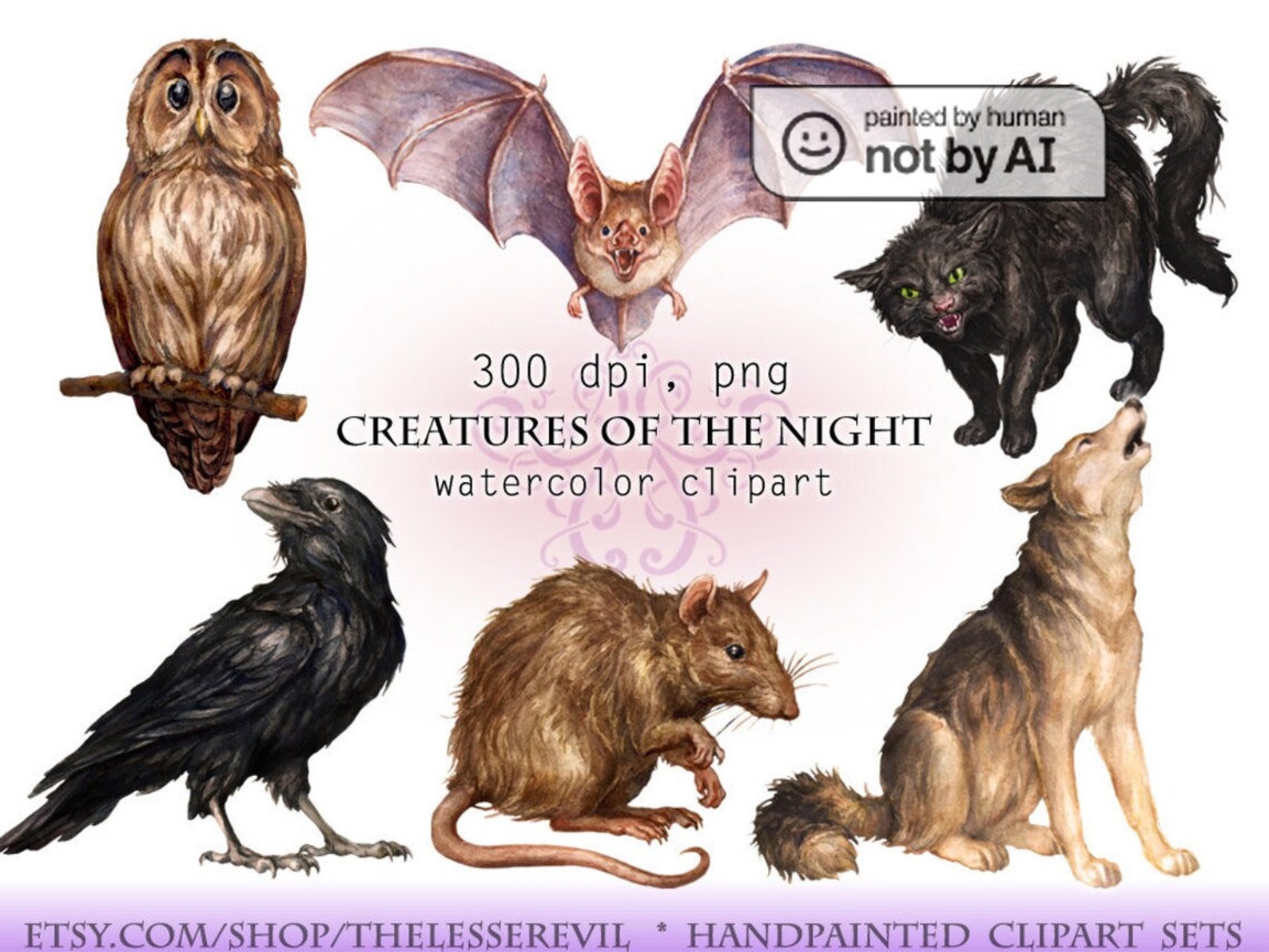 Creatures of the Night Clipart, Digital Watercolor Illustration ...
