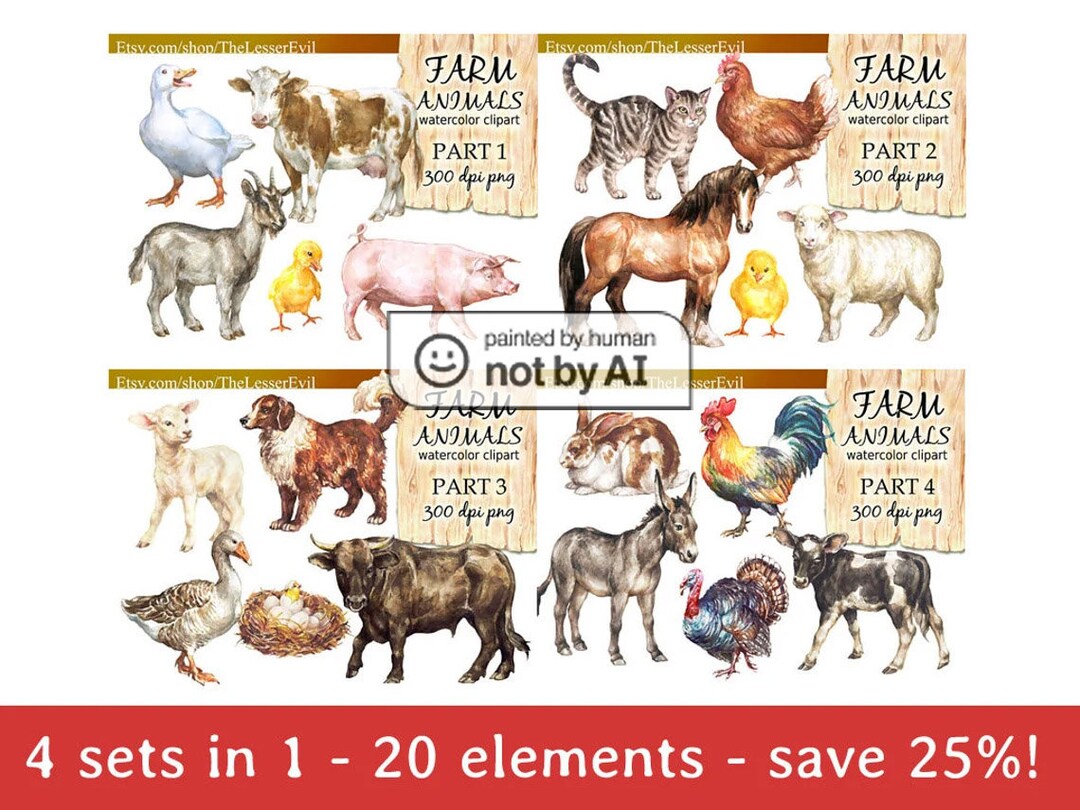 FULL PACK Farm Animals Clipart, Digital Watercolor Illustration, Animal ...