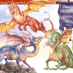 Dragons Clipart, Digital Watercolor Illustration, Fantasy Clip Art ...