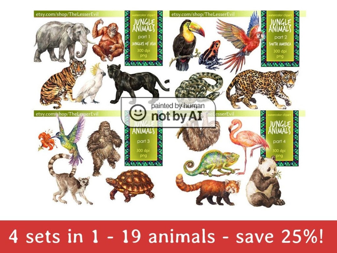 FULL PACK Jungle Animals Clipart, Digital Watercolor Tropical Animals ...