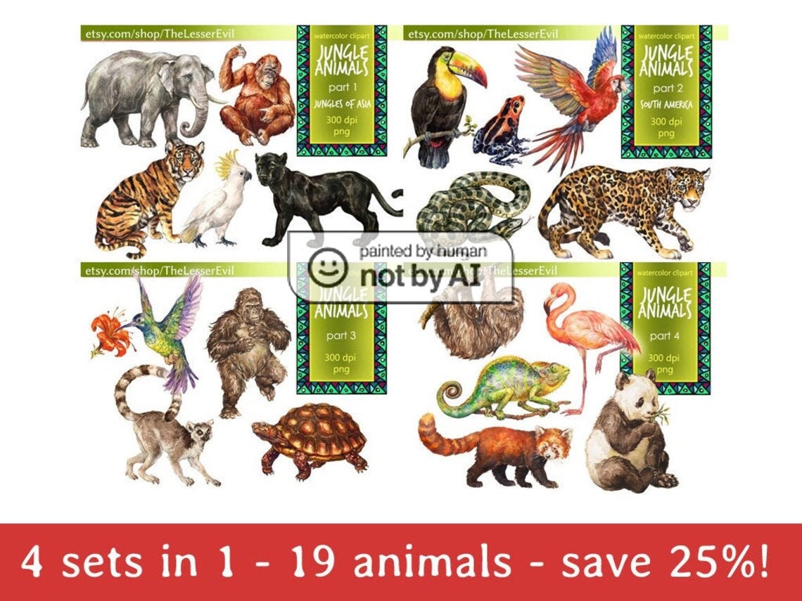 FULL PACK Jungle Animals Clipart, Digital Watercolor Tropical Animals ...