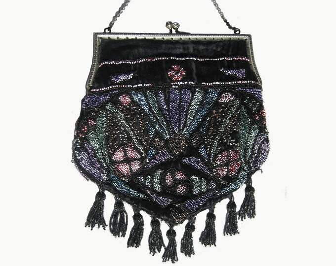 Antique Victorian BEADED Black SILK VELVET Purse Handbag - Etsy