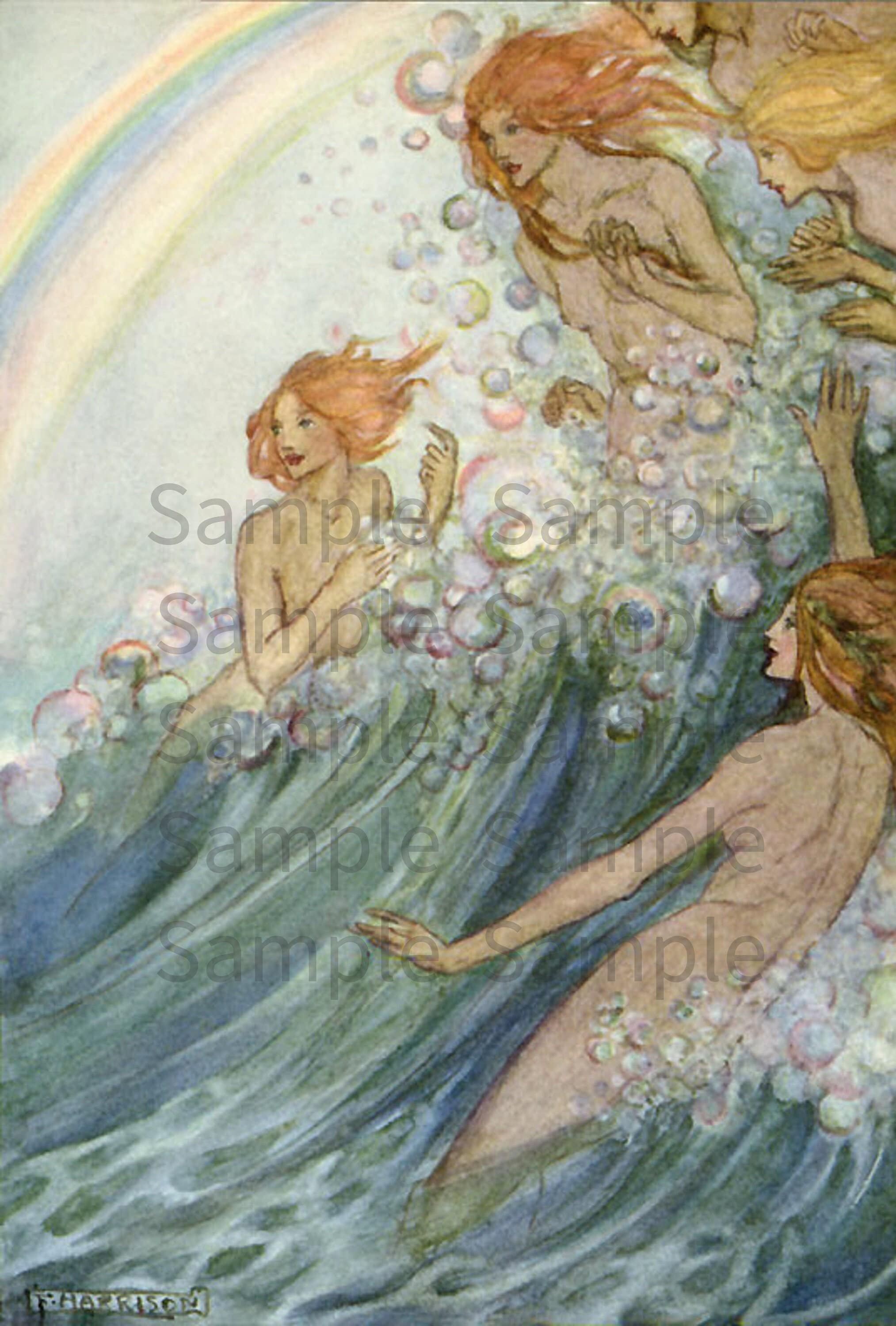 Magical Florence Harrison Mermaids Playing in the Waves, Vintage Sea ...