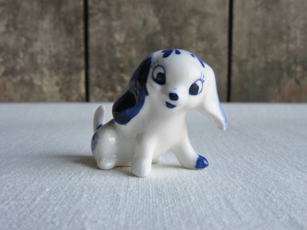 Vintage Delft Blue & White Porcelain Dog, Puppy Figurine, Floral Delft ...