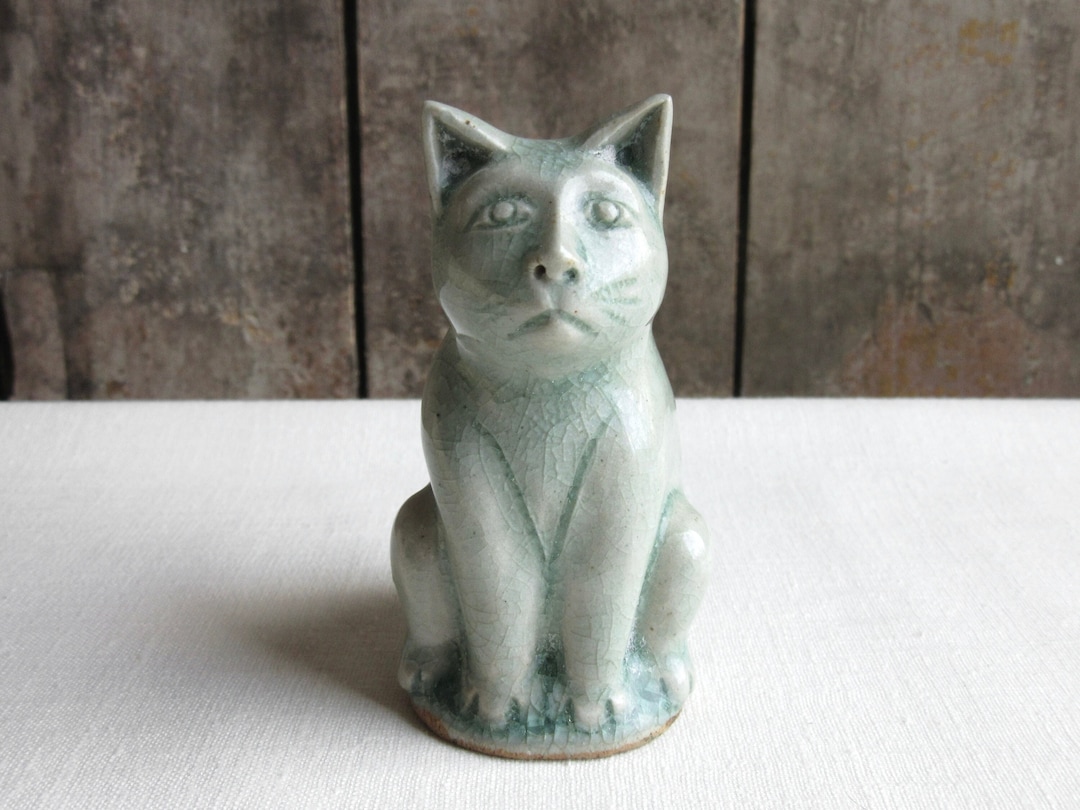 Antique Chinese Celadon Cat Figurine, 3-5/8" Cat Sculpture, Green ...