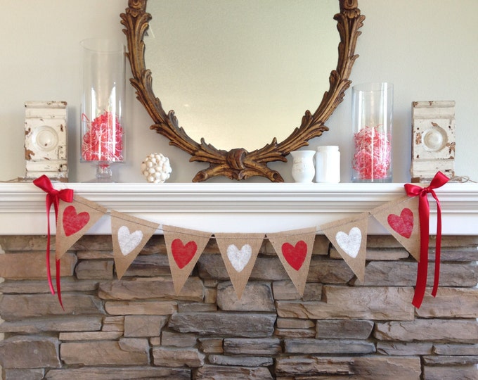 Valentines Day Burlap Banner, Painted Heart Banner, Valentines Day ...