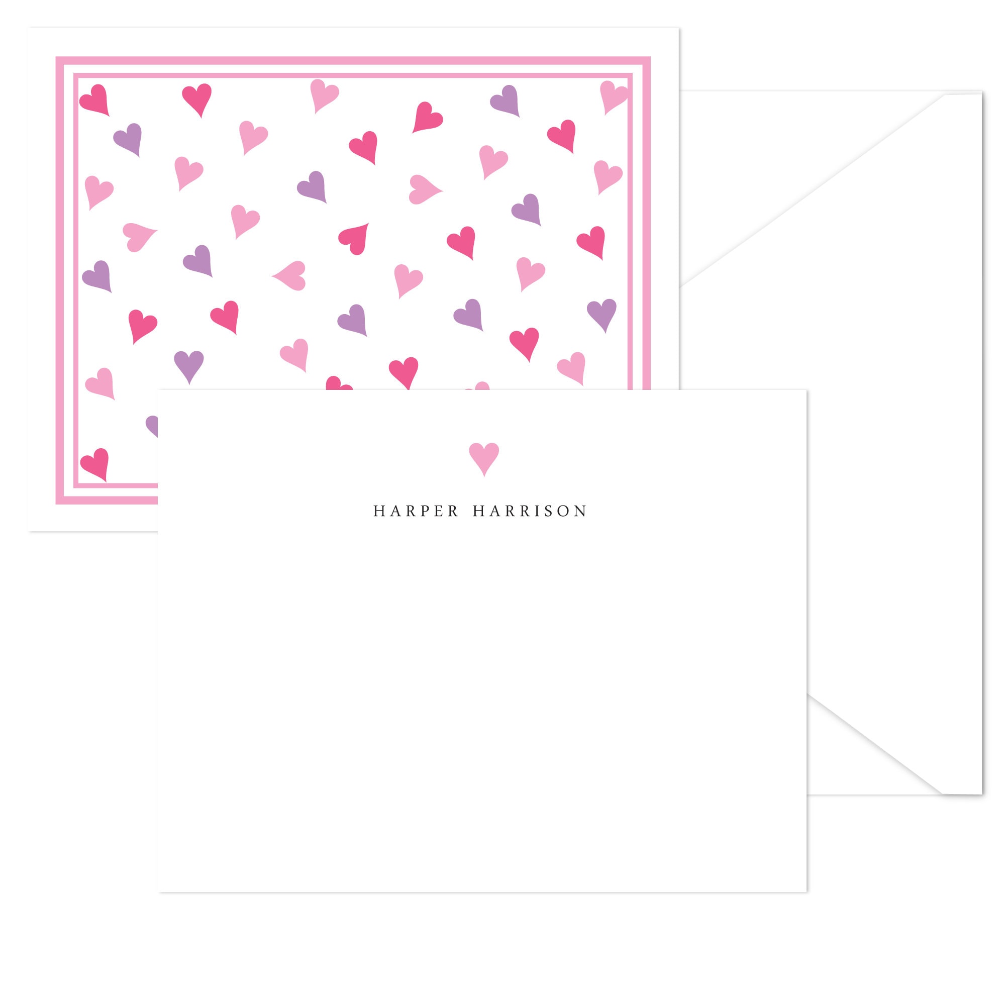 Personalized Girl's Note Card Set, Preppy Pink Hearts, Custom ...