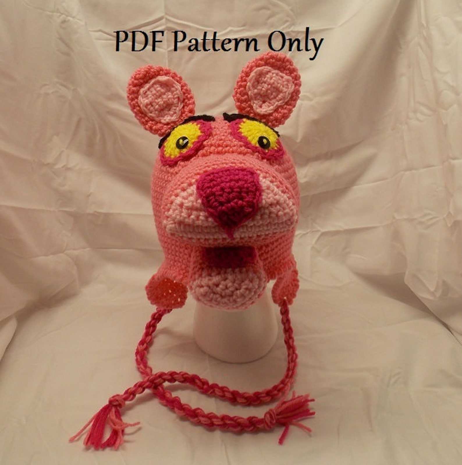 Pink Panther Hat, Beanie, Stocking Cap With Ear Flaps - Crochet Pink ...