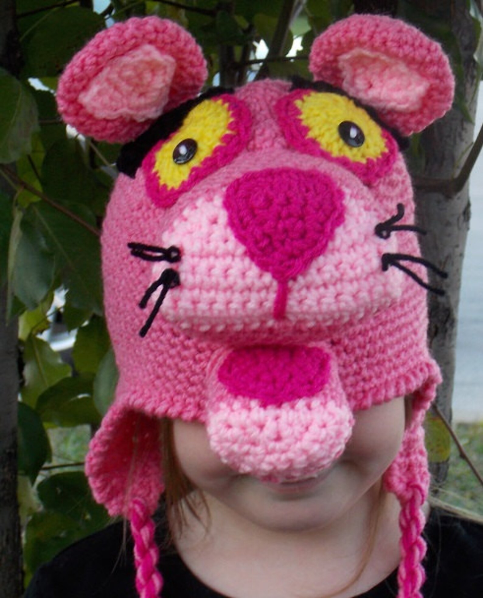 Pink Panther Hat, Beanie, Stocking Cap With Ear Flaps - Crochet Pink ...