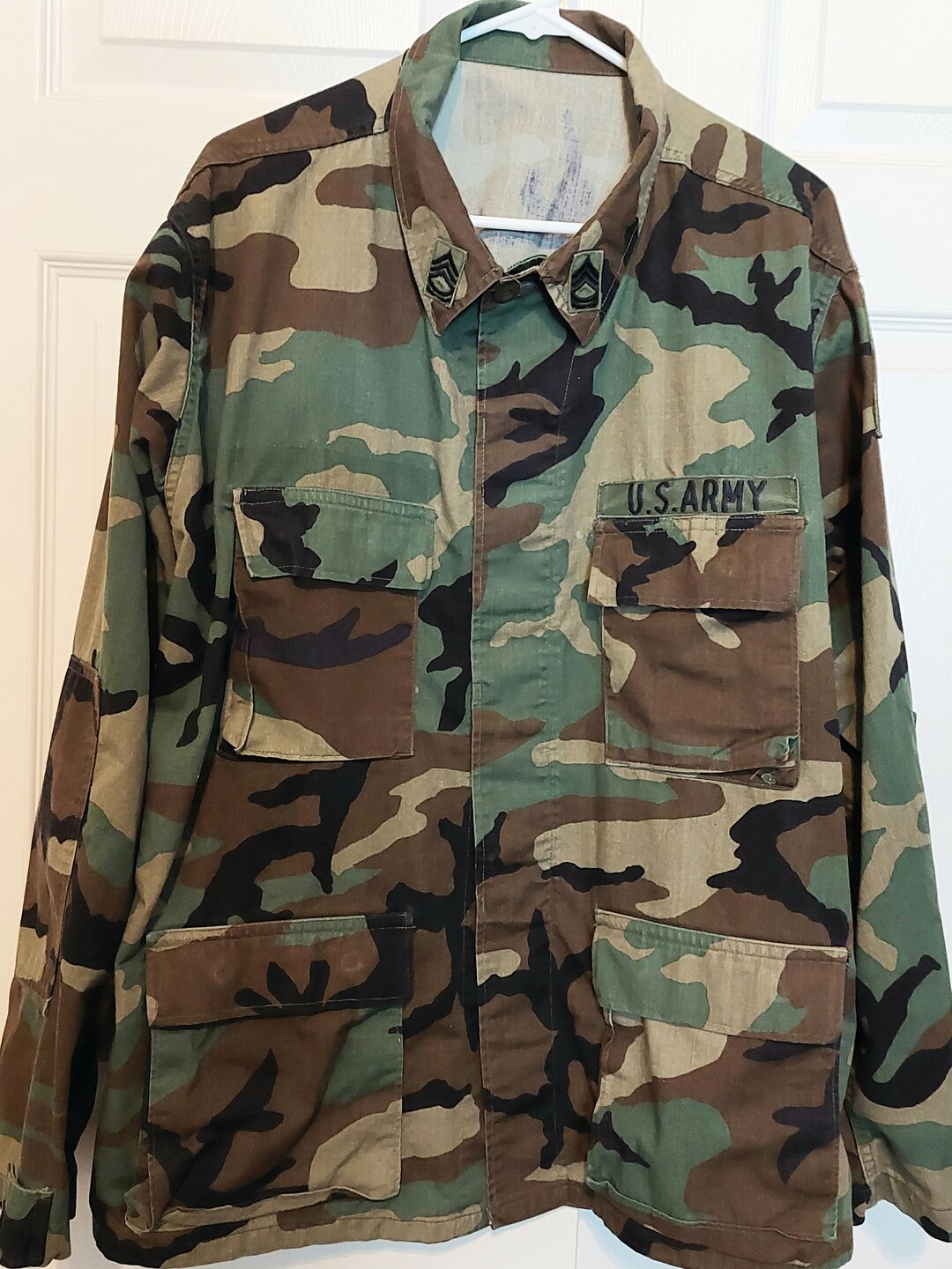 US Army Combat Coat XL Staff Sergeant Armor Center Patches Woodland ...