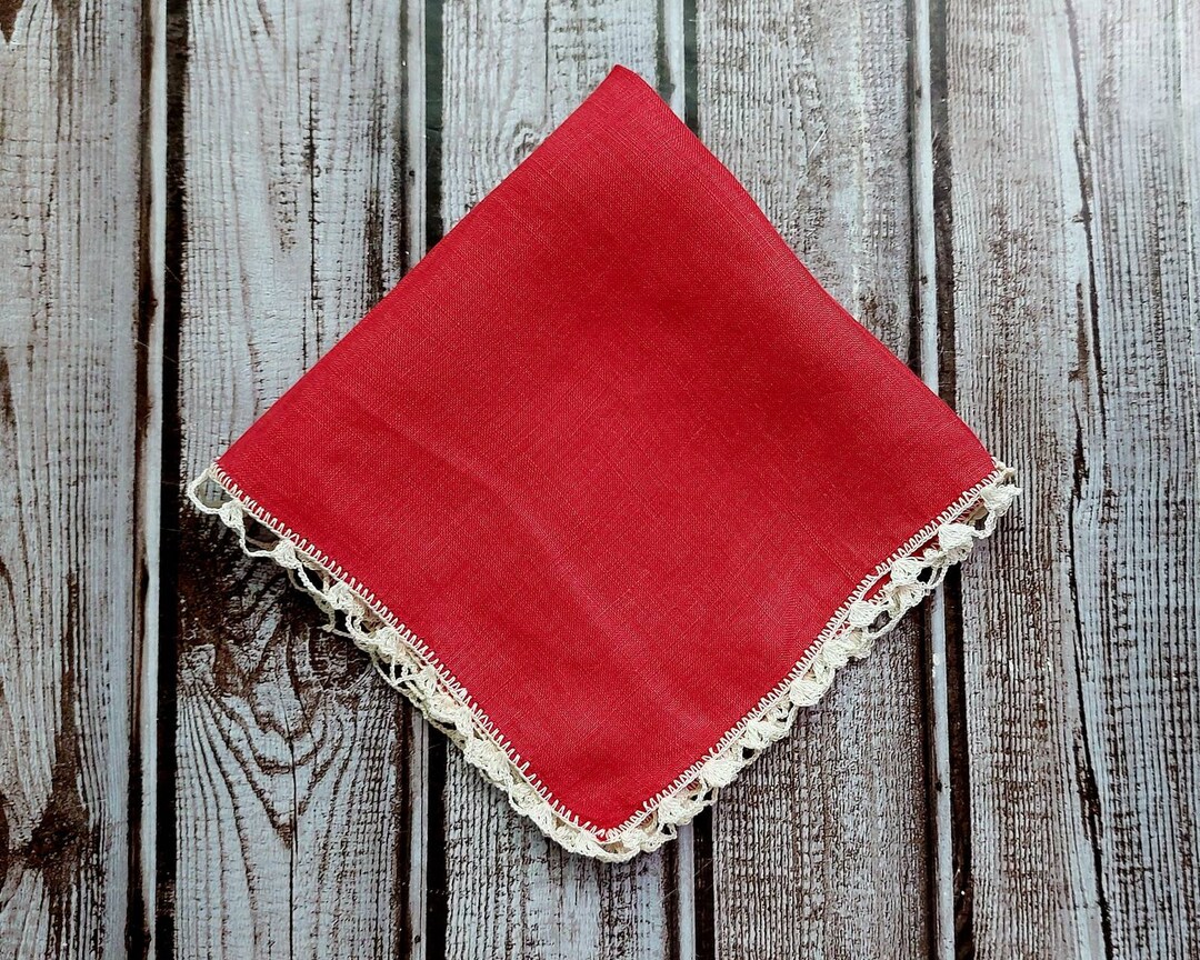 Red With White Hankie W Tatted Trim Soft Cotton Hanky Great Gift Idea ...