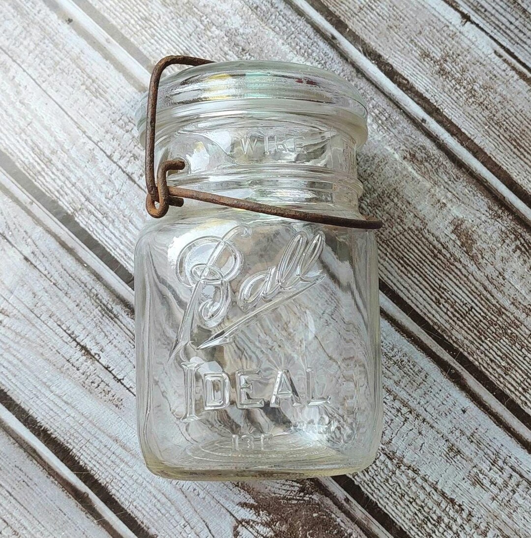 Embossed Pint Size Ball Ideal Preserve Jar W Steel Wire Lightning Bail ...