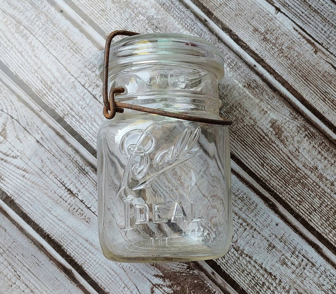 Ball Ideal Fruit Food Jar Embossed Pint Size Wire Lightning Bail Square ...