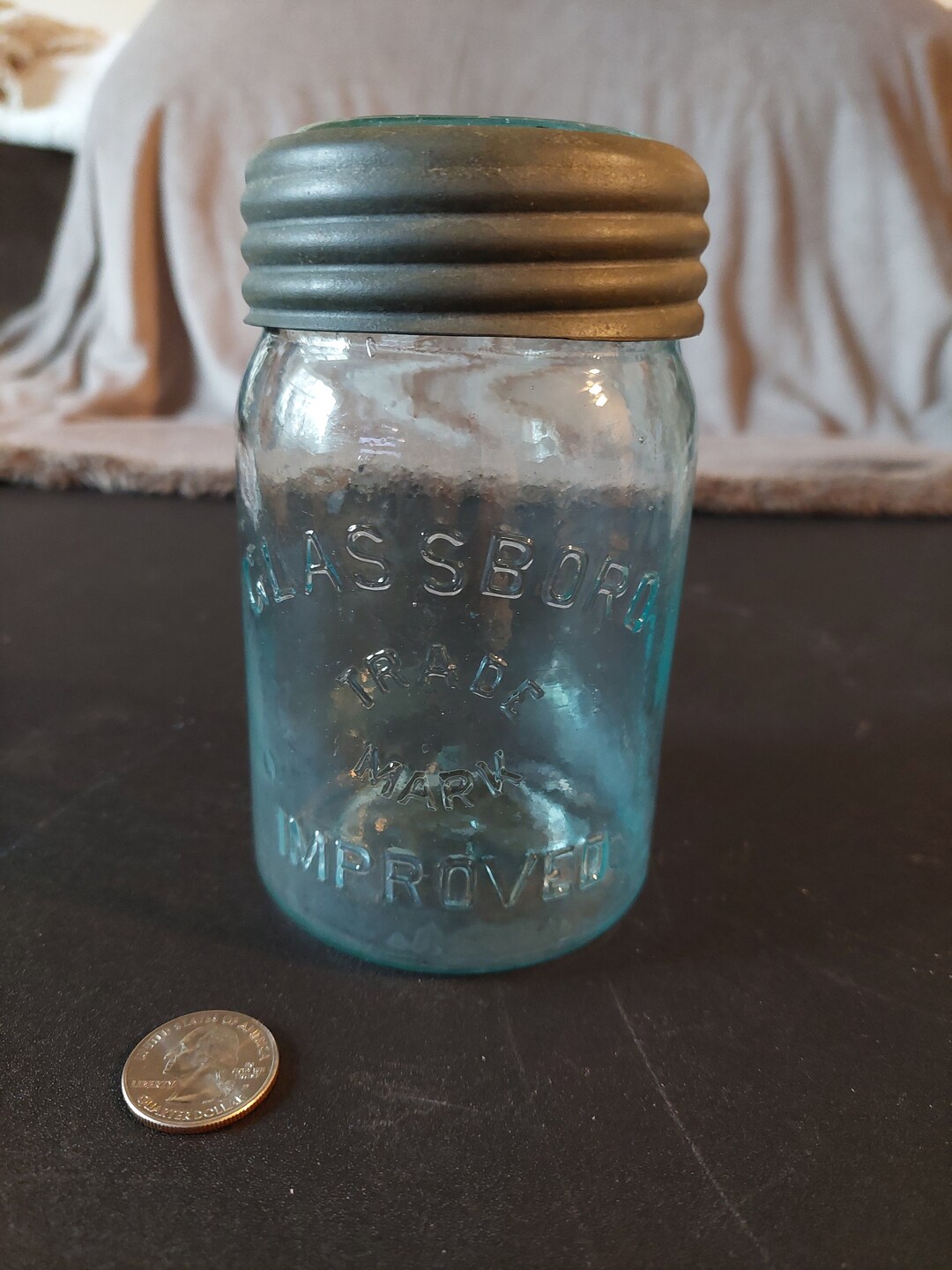 Embossed Glassboro Trade Mark Improved Pint Size Jar W Glass Disk and ...