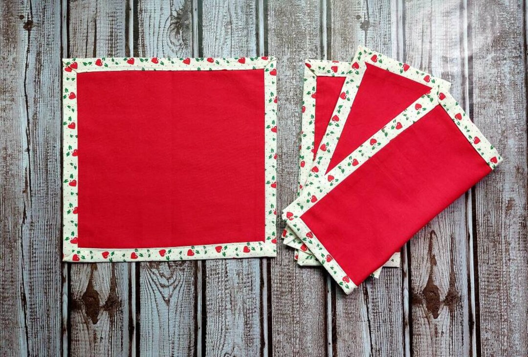 Red White and Vintage Cotton Handmade Linens Set of 4 Unused Table ...
