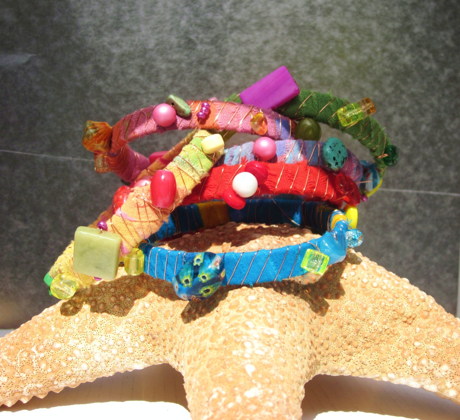 Colorful Chic Boho Style Wire Wrapped Fabric and Beads Stackable ...