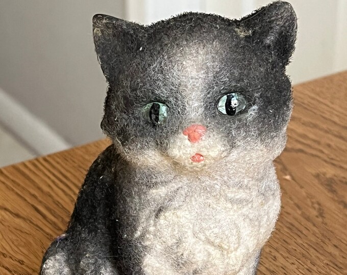 Vintage Ceramic Flocked Cat Figurine 5" Tall Gray White With Green Eyes ...