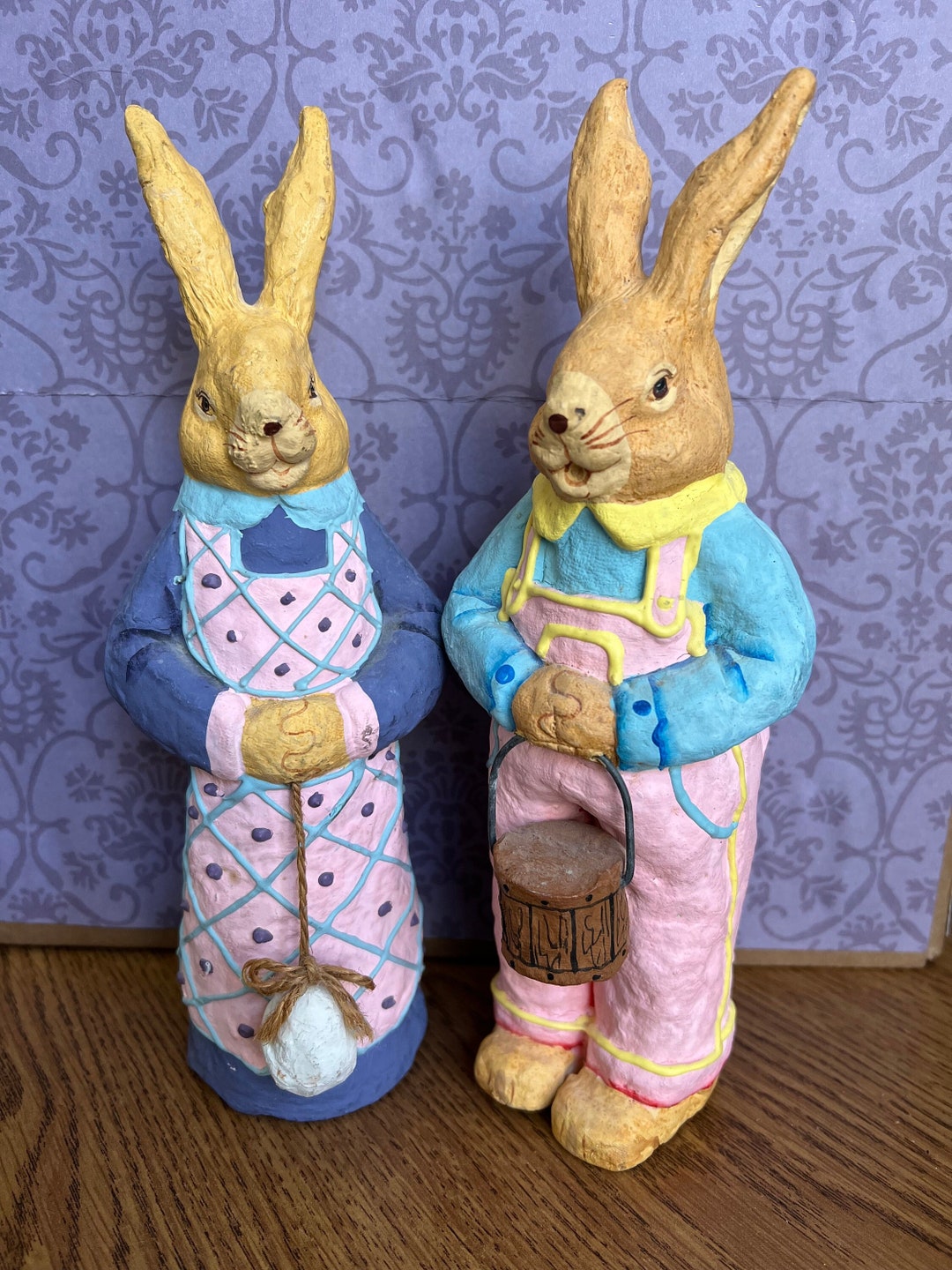 Set 2 9 3/4 Paper Mache Bunnies Figures Easter Boy and Girl Made ...