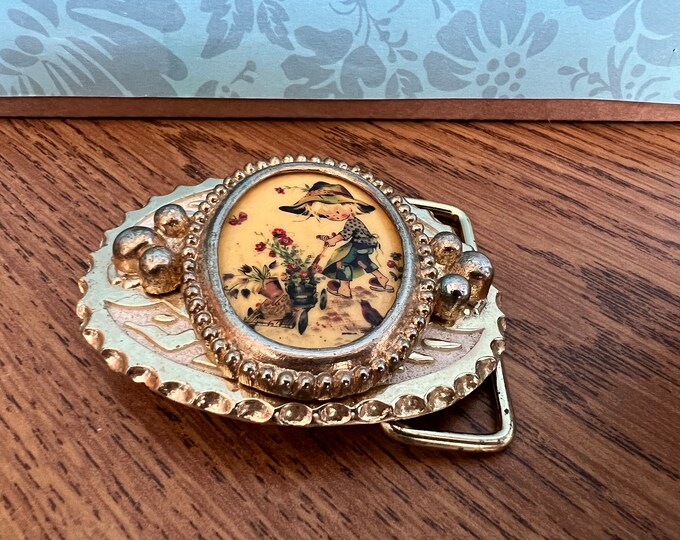 Vtg Gold Tone 1970's Belt Buckle Small Women's Girl in Garden Cartoon ...