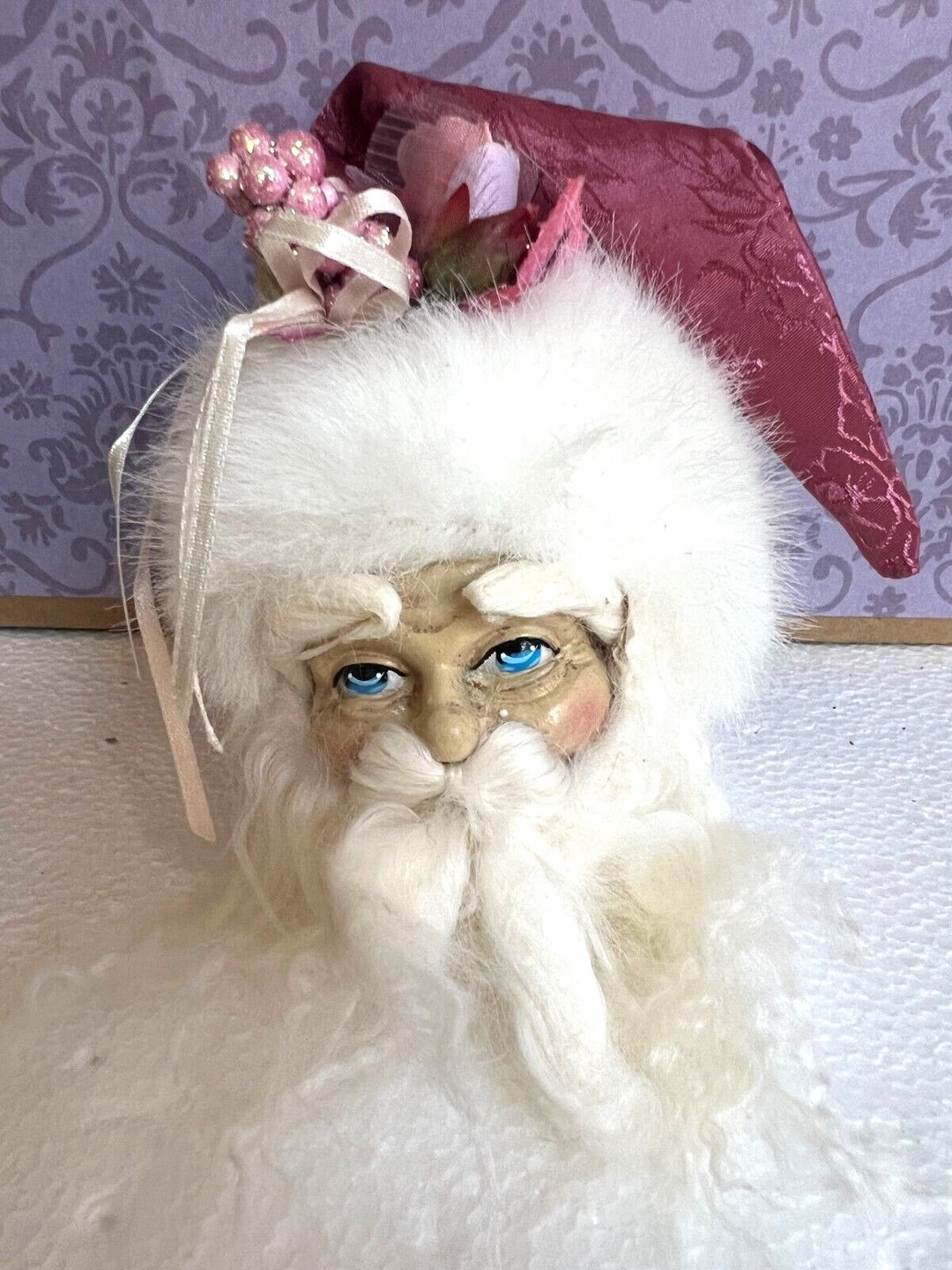 Vtg Pink Hat Santa Vinyl Face Head Christmas Ornament Victorian Faux ...
