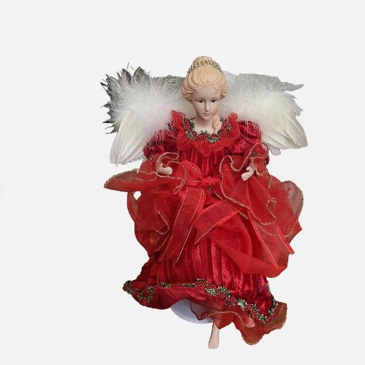 Vtg Red Christmas Angel 13" Dillards Figure Doll Real Feathers~orig Box ...