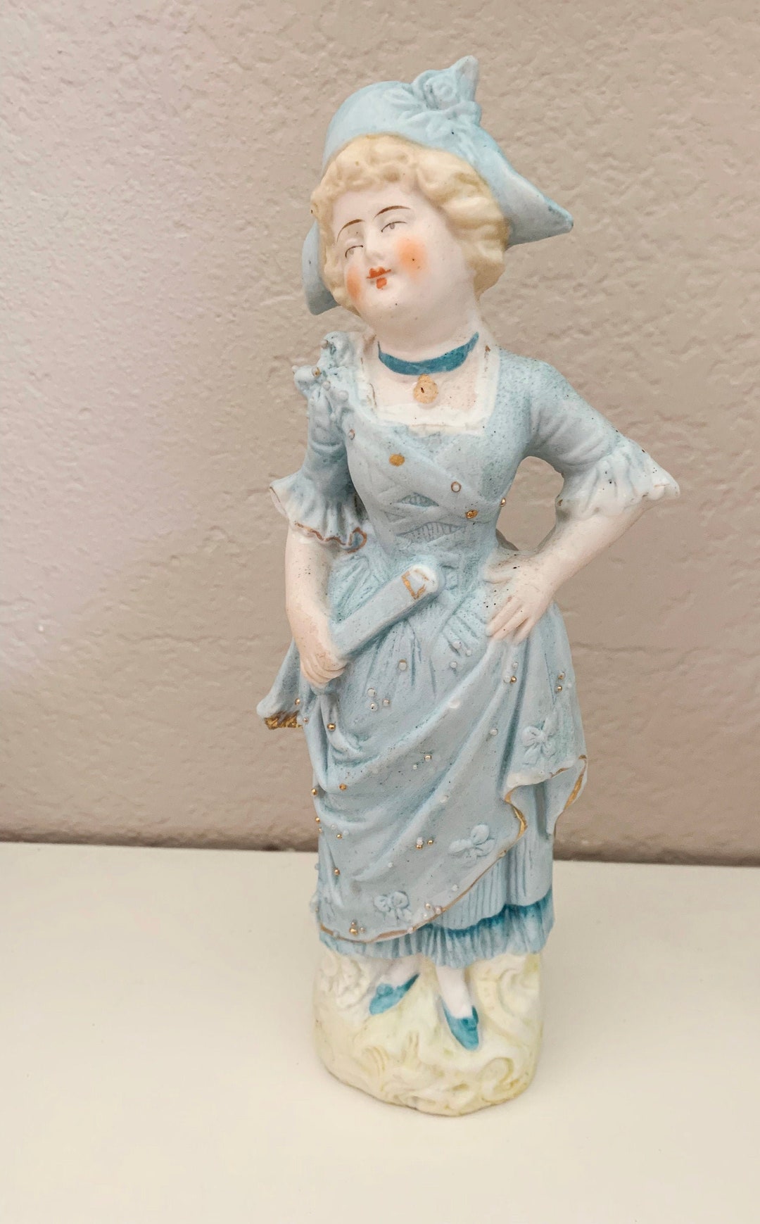 Antique Bisque Porcelain Figurine Light Blue Dress Wtih Gold Accents 9 ...